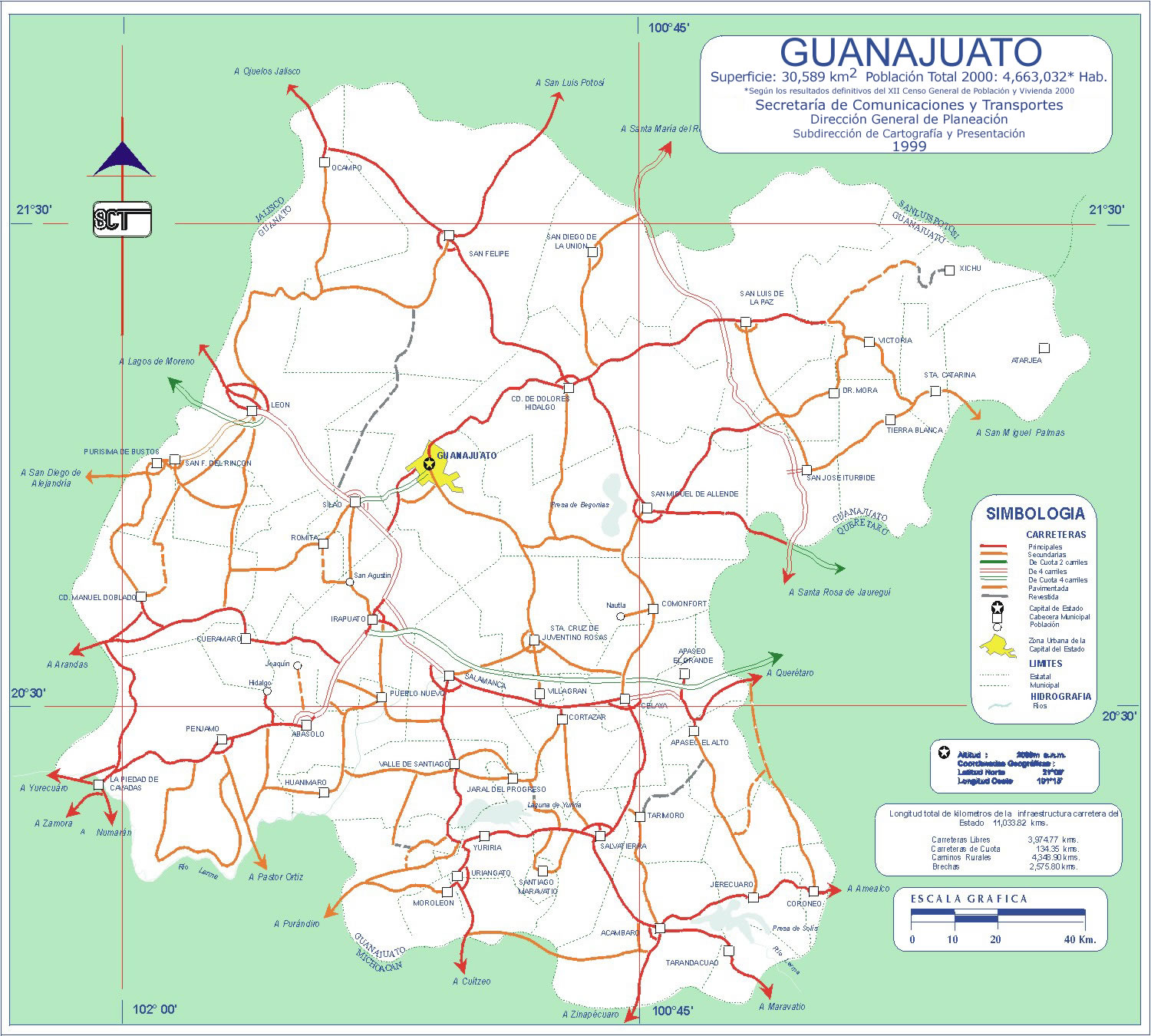 Mapa De Carreteras De Guanajuato 1999 Tamaño Completo