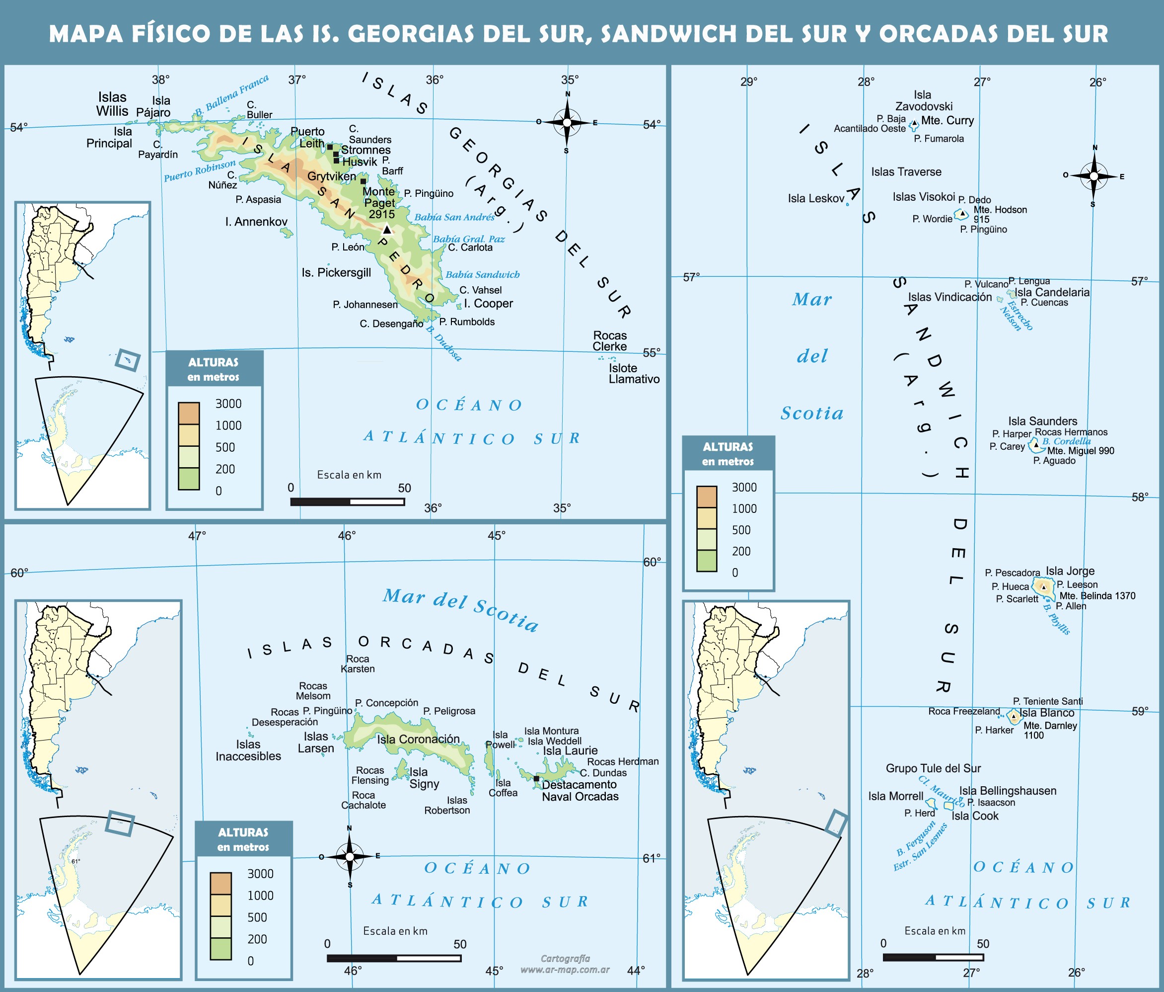 Physical map of the South Georgia, South Sandwich, South Orkney Islands ...